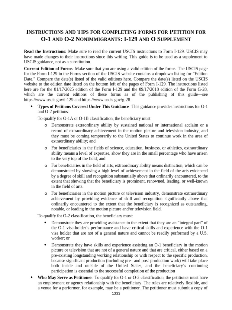 Instructions and Tips For Completing Form I-129 For O-1s | PDF