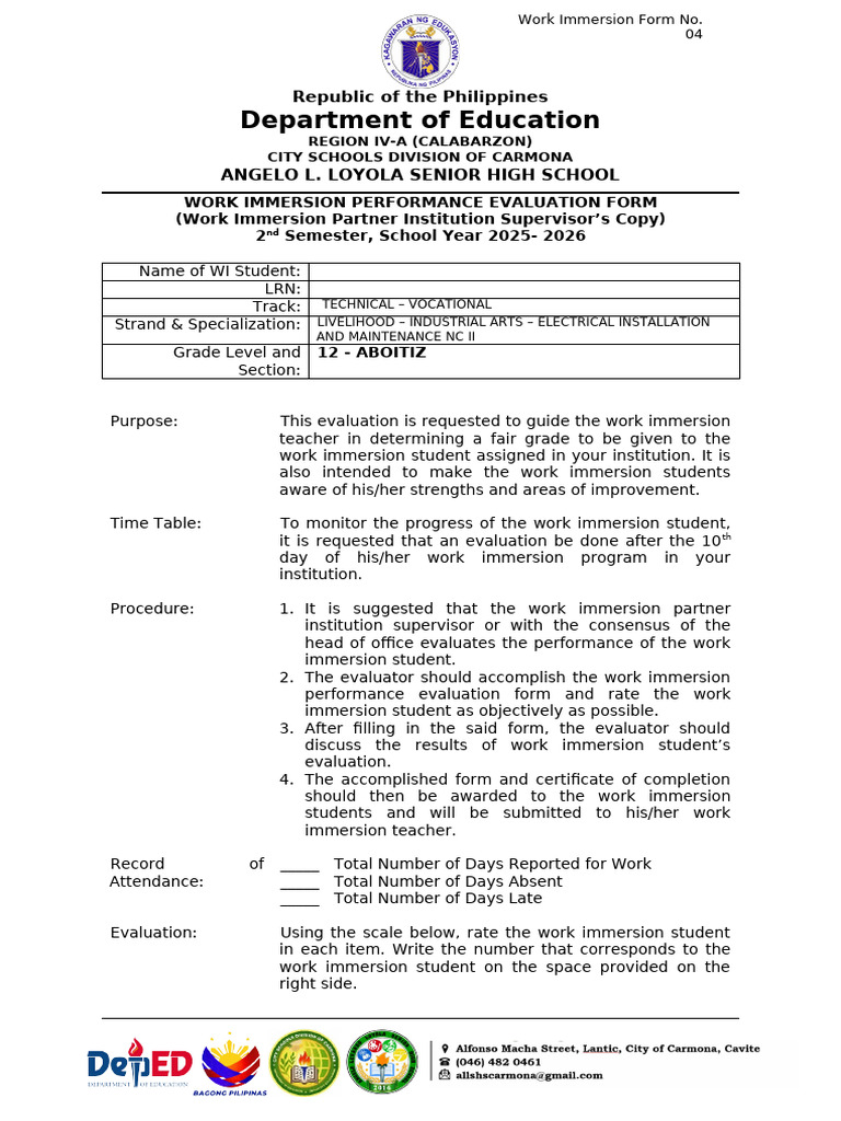 Work Immersion Evaluation Form 2025-2026 | PDF | Learning | Cognition