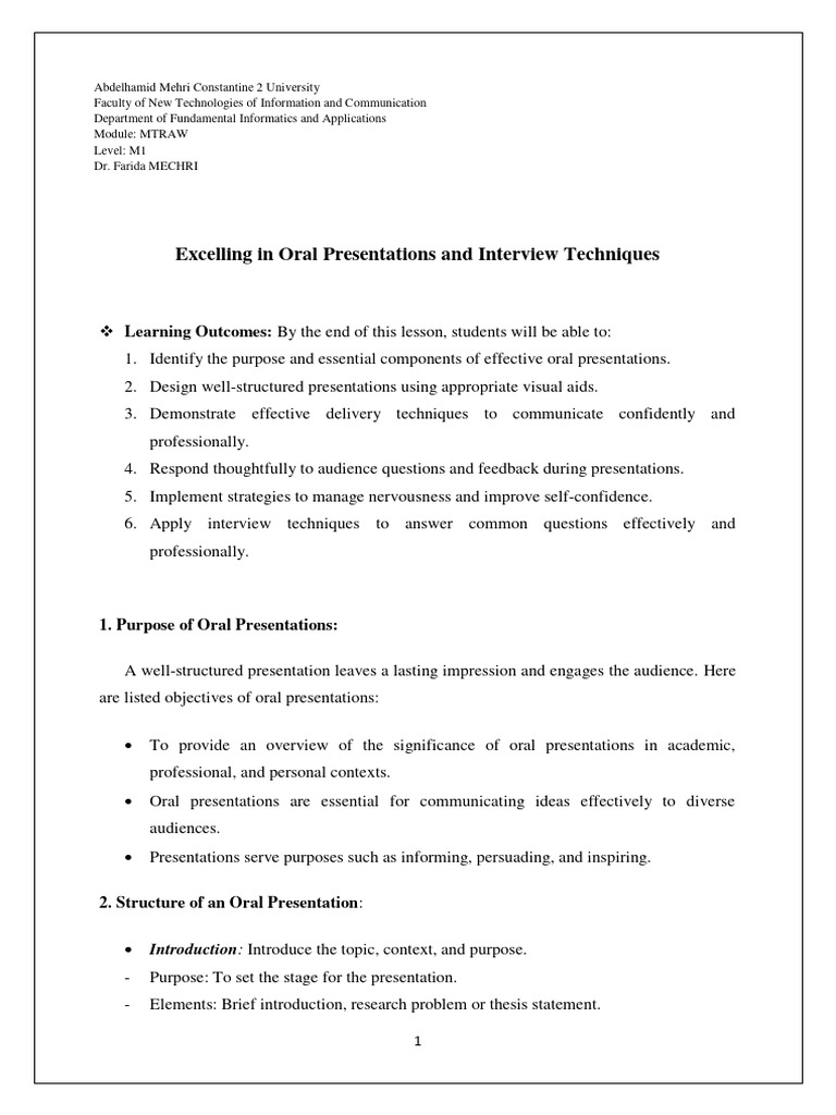 Excelling in Oral Presentations and Interview Techniques | PDF | Public ...