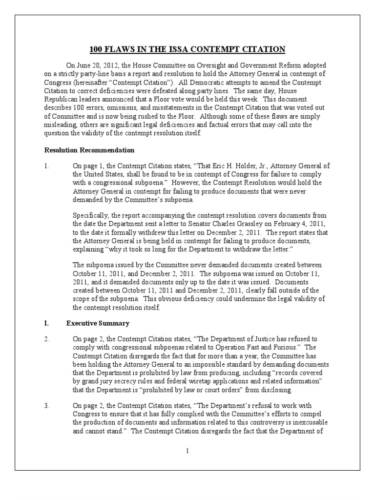 100 Flaws in The Issa Contempt Citation: Resolution Recommendation ...