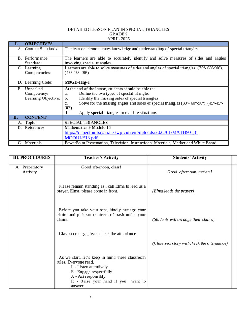 Grade 9 Special Triangles Lesson Plan | PDF | Triangle | Euclidean ...