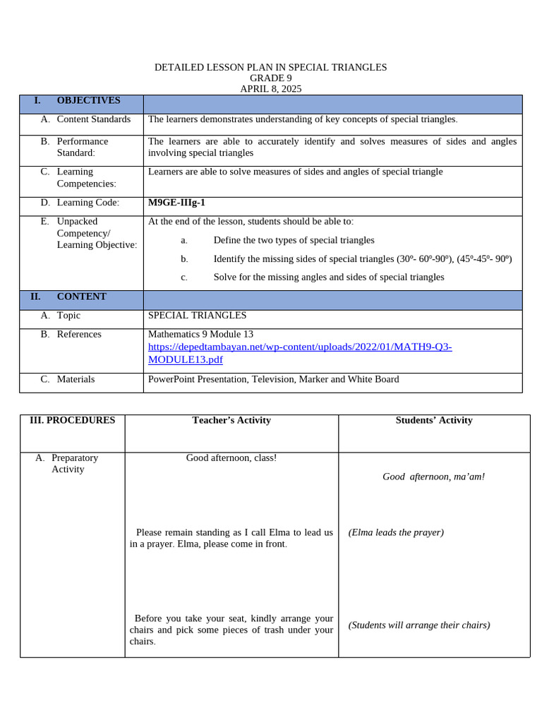 Special Triangles Lesson Plan for Grade 9 | PDF | Triangle | Elementary ...