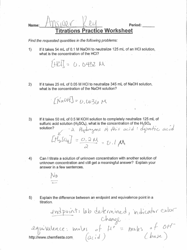 Titration Practice Acid Base Reaction Answer Key | PDF