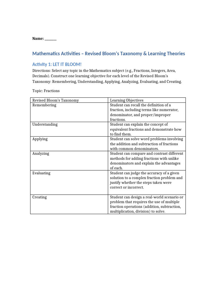 Math Activities Blooms and Theories-1 | PDF