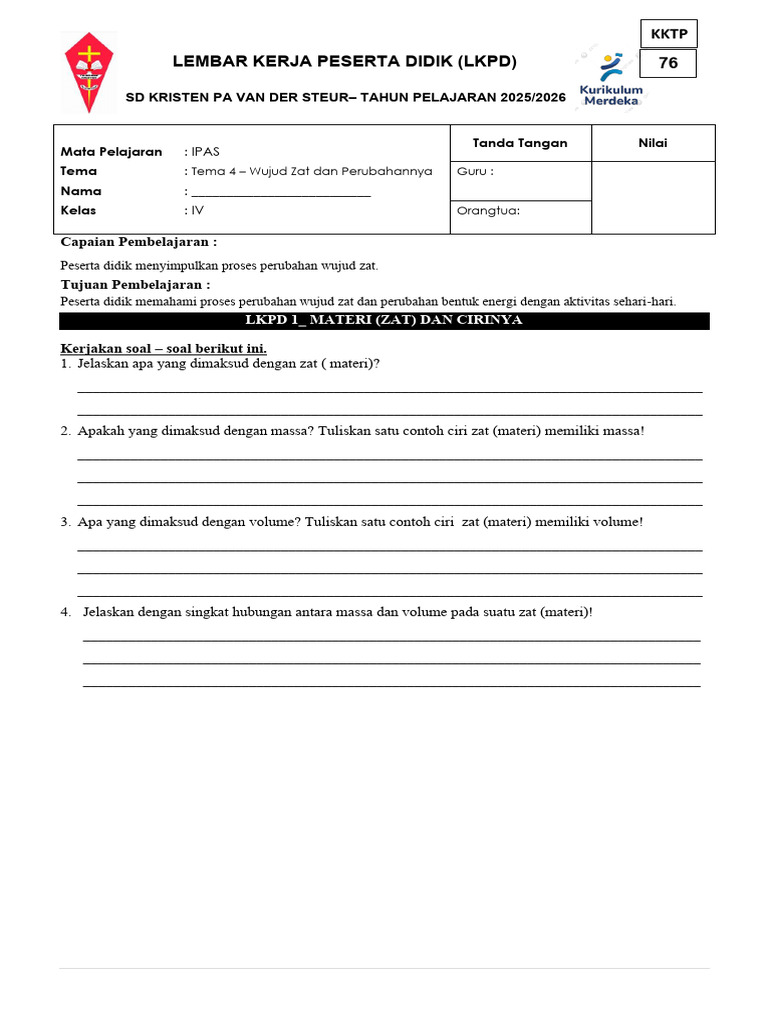 LKPD Wujud Zat Kelas IV SD 2025/2026 | PDF