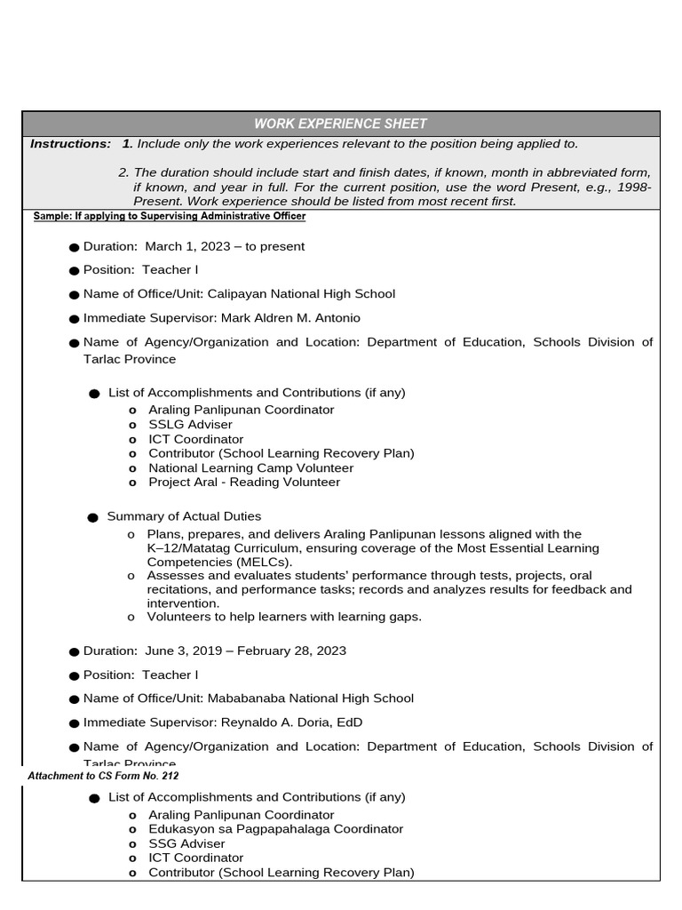 Work Experience Sheet for Educators | PDF | Pedagogy | Human Communication