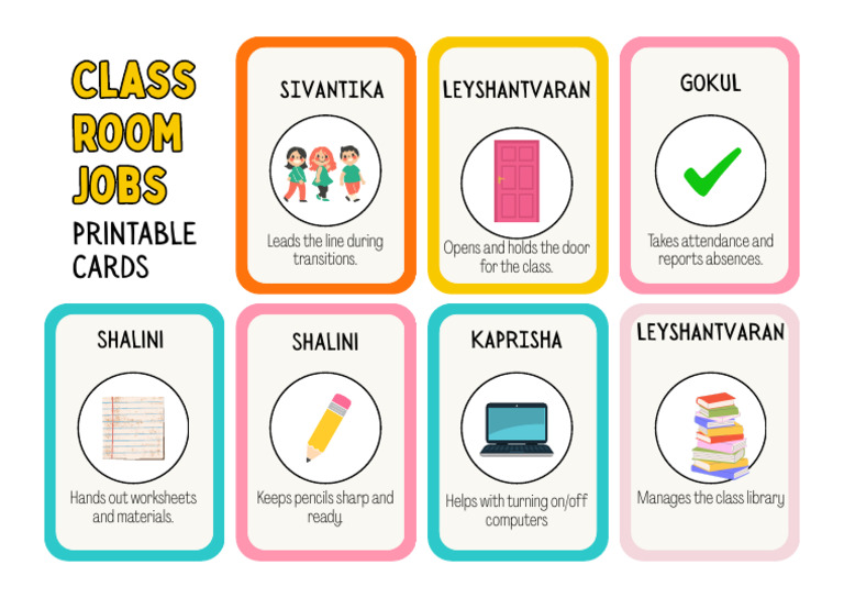 Classroom Jobs Printable Flashcards Bright Colored Illustrated Style | PDF