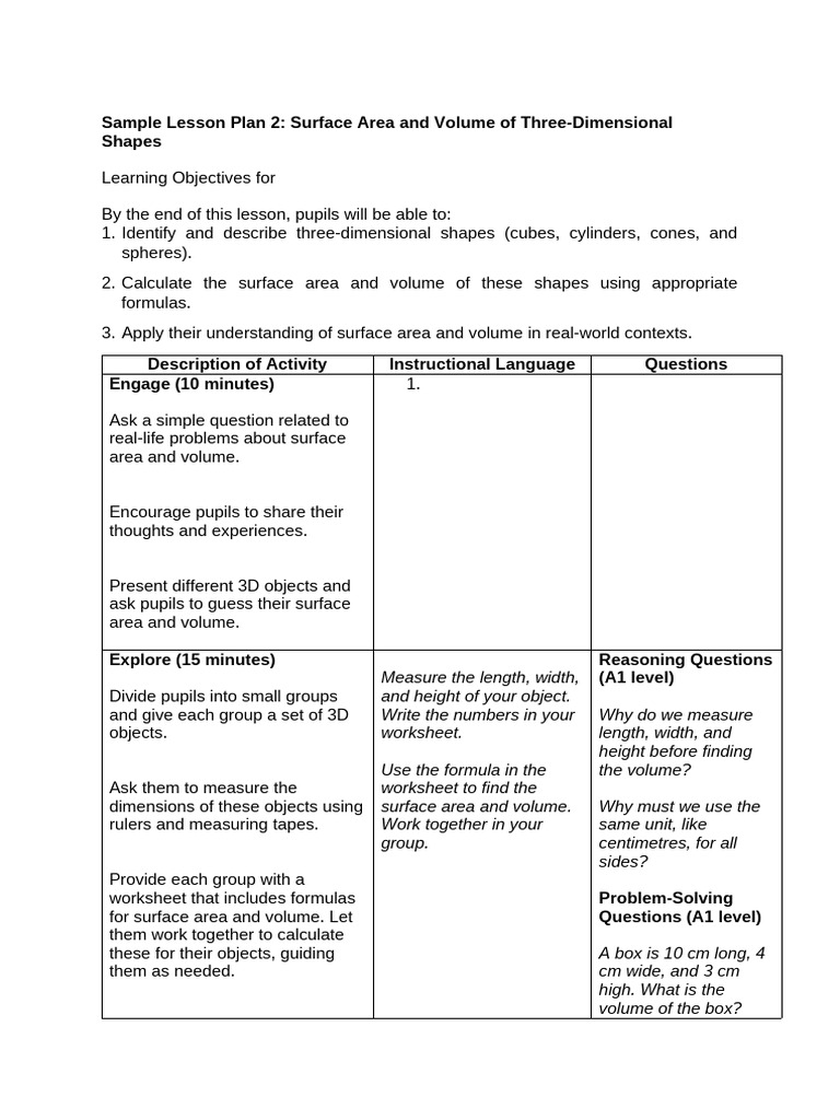 Surface Area & Volume Lesson Plan | PDF | Volume | Area