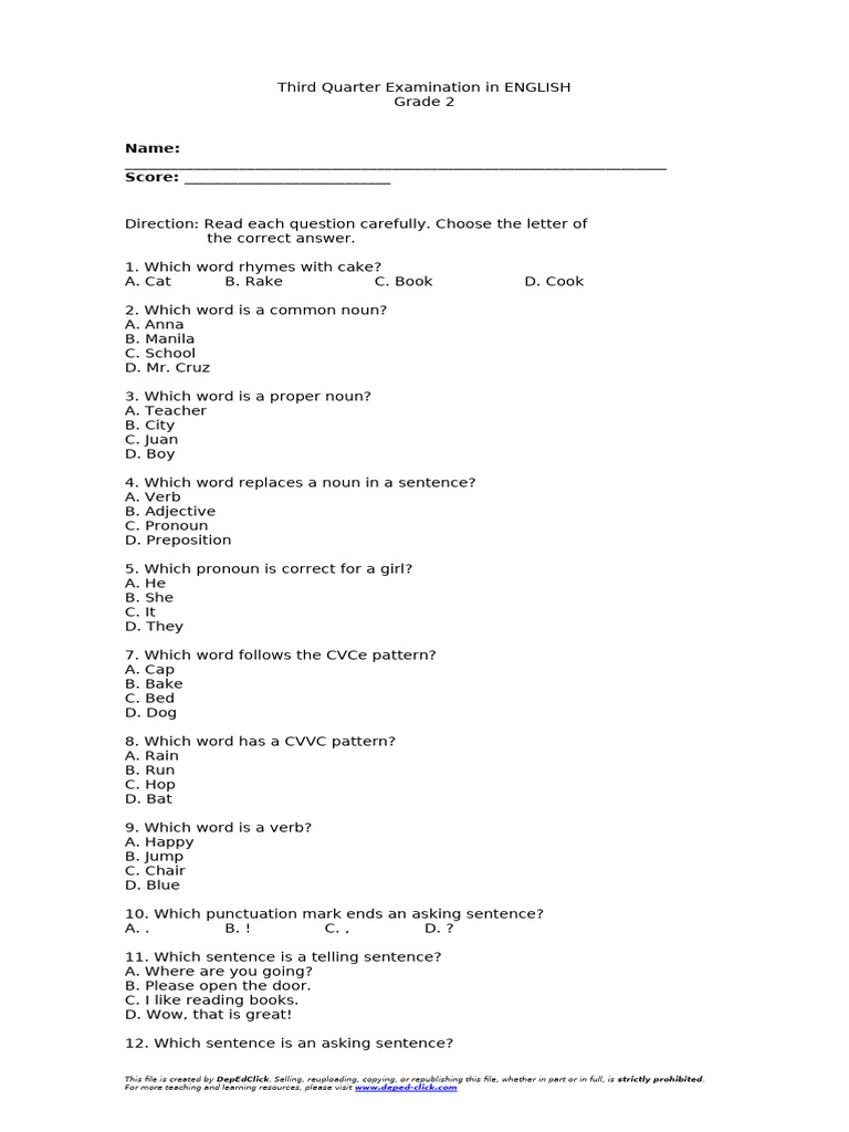 Third Quarter Examination ENGLISH Grade2 DepEdClick | PDF | English ...