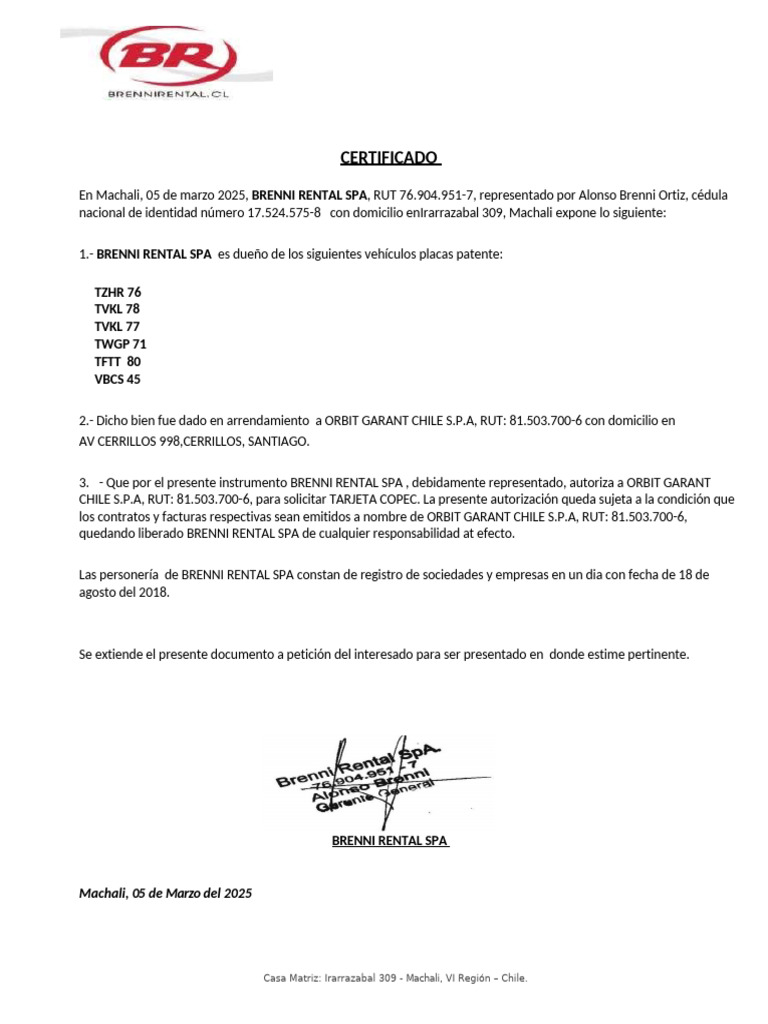 Certificado Copec Brenni Rental Spa | PDF