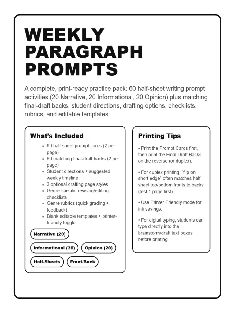 Weekly Paragraph Prompts (60) - Print Pack | PDF | Brainstorming ...