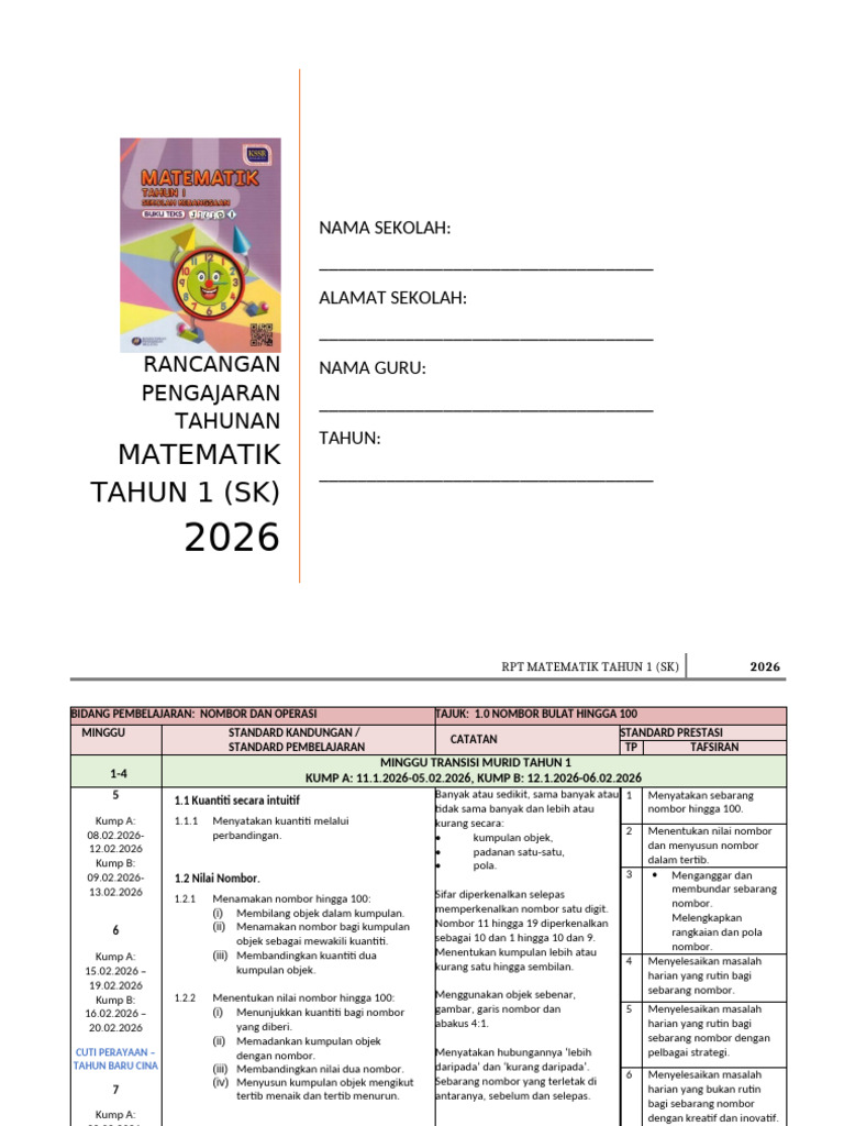 RPT MT TAHUN 1_2026 | PDF