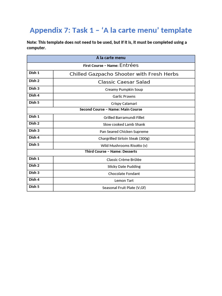 SITHKOP015 Portfolio - Appendix 7_Task 1 Template - Student 2 | PDF