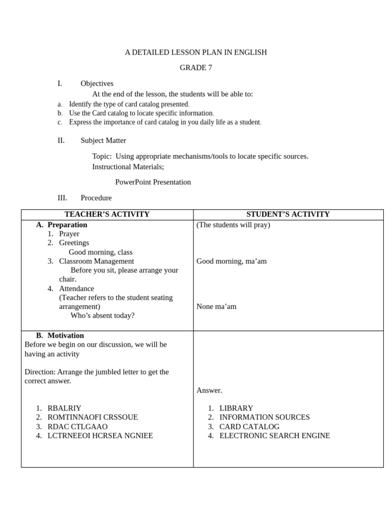 Grade 7 English Lesson Plan: Card Catalogs | PDF | Libraries ...