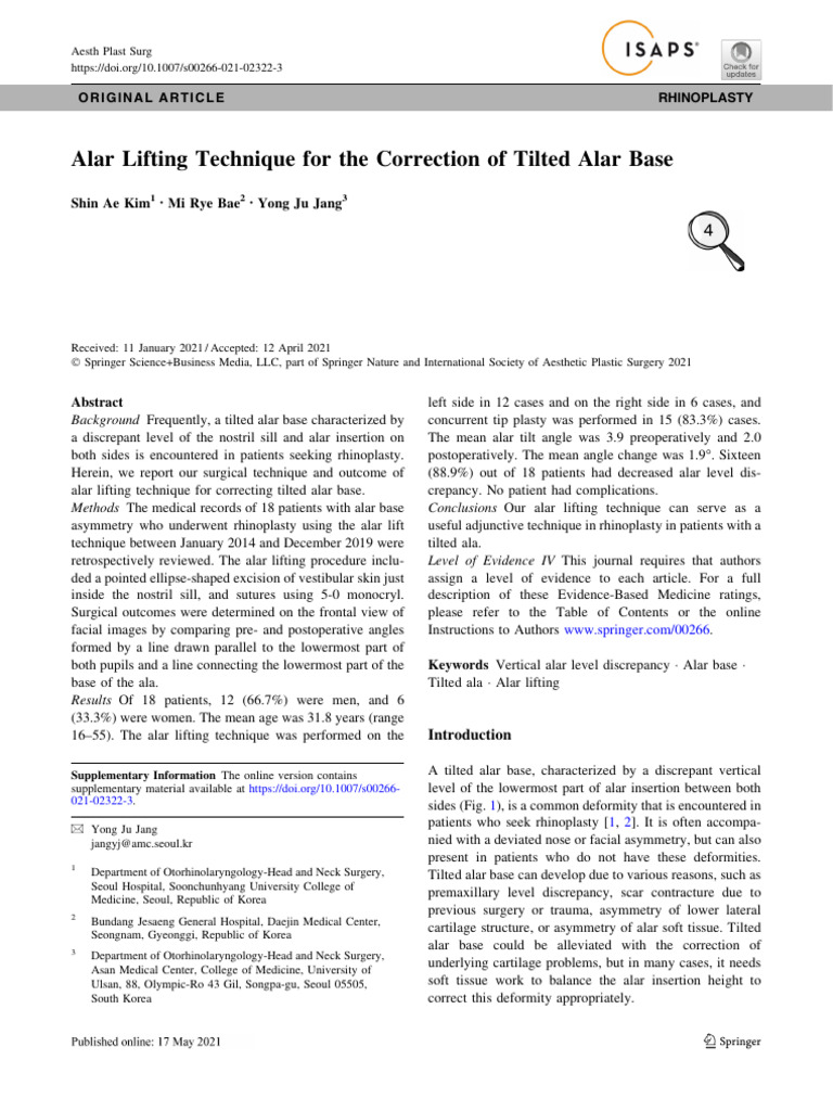 Alar Lifting Technique for the Correction of Tilted Alar Base | PDF ...