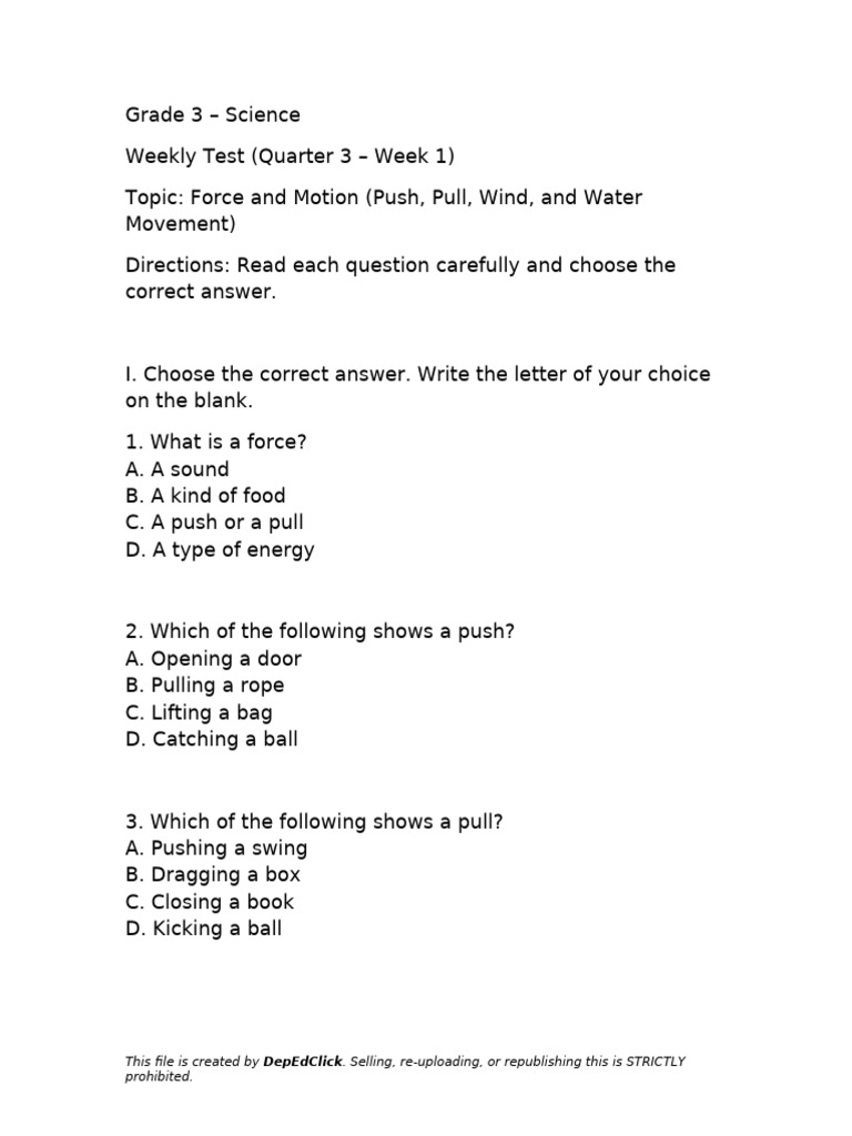 Grade 3 Science Test: Force & Motion | PDF | Force