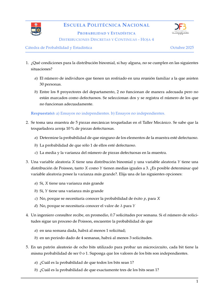 Hoja de ejercicios 4 - 2025B | PDF | Distribución de veneno | Enseñanza de matemática