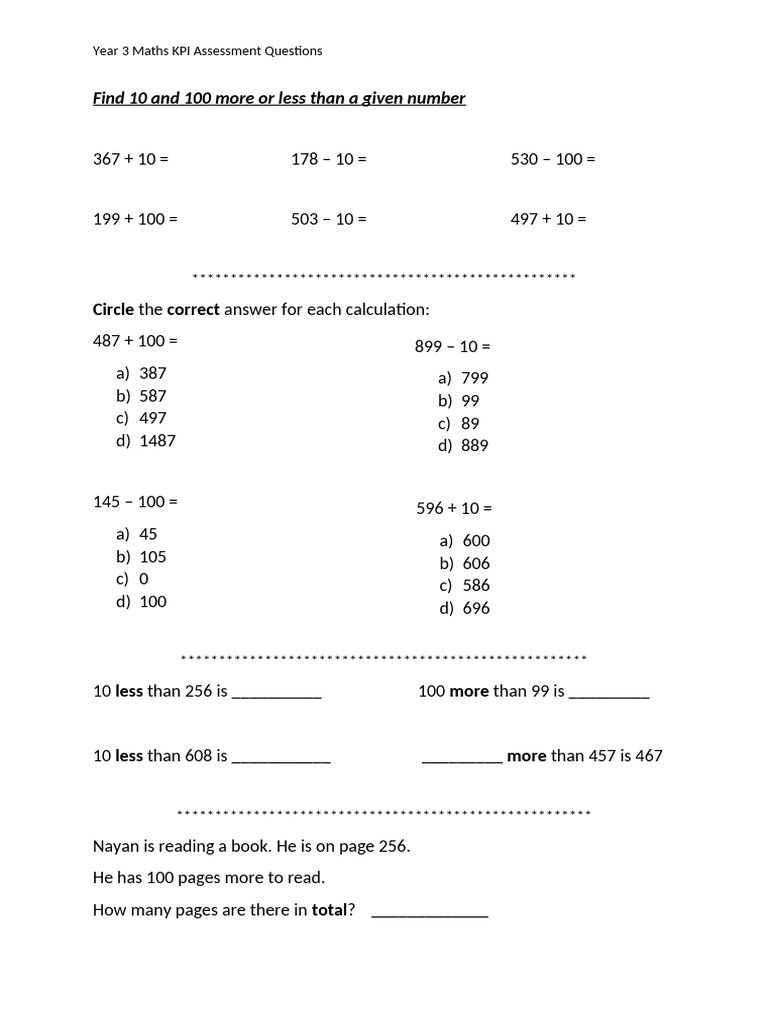 Year 3 Maths KPI Assessment Questions | PDF | Mathematics | Number Theory