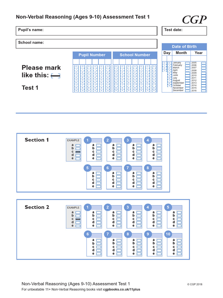CGP GL NVR Book 9 10 Assessment Tests Answer Recording Sheets | PDF