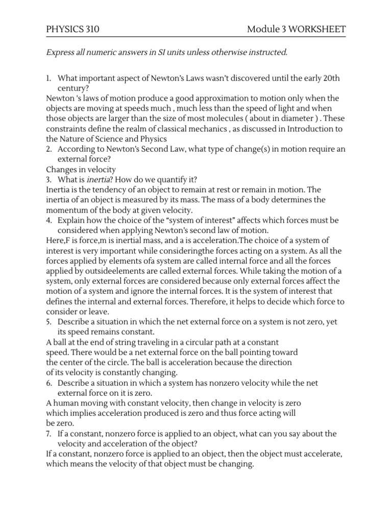 Week 3 Worksheet | PDF | Force | Acceleration