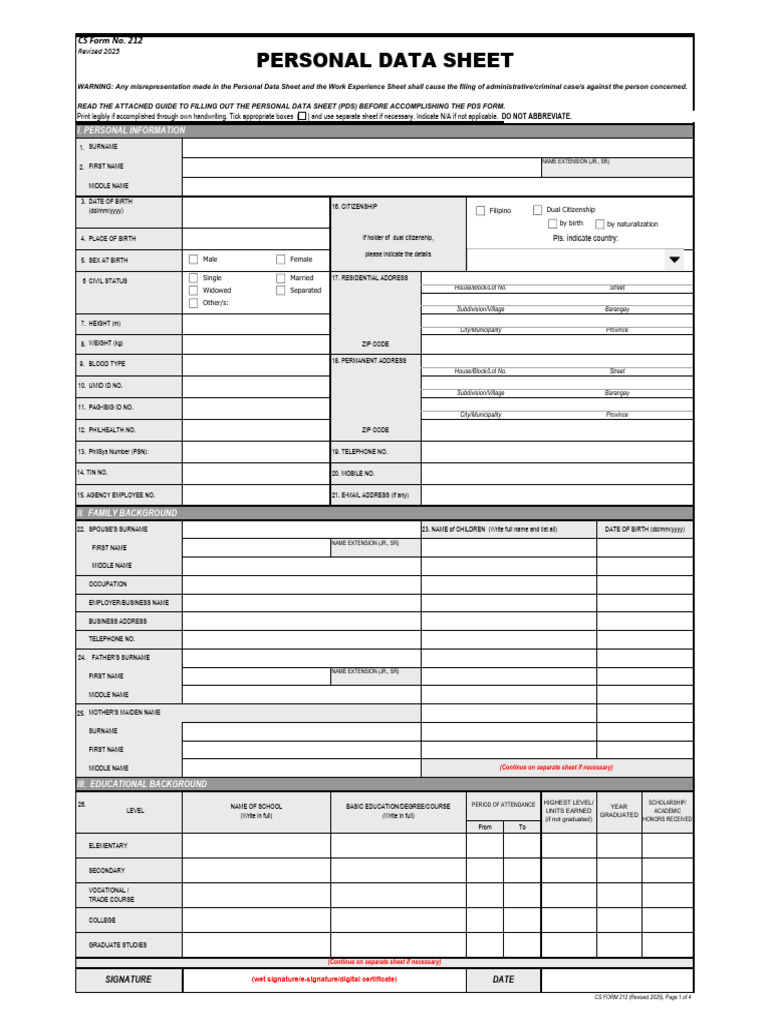 Personal Data Sheet Form CS 212 | PDF | Affidavit | Government