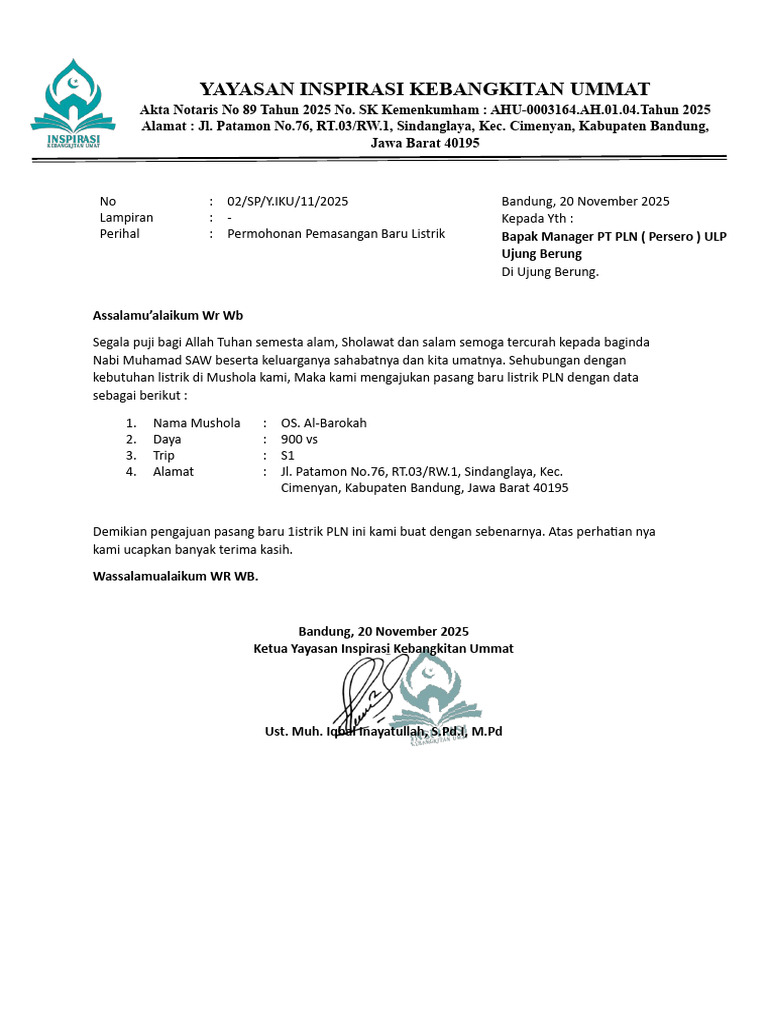 Surat Permohonan Pengajuan Pasang Baru Listrik | PDF