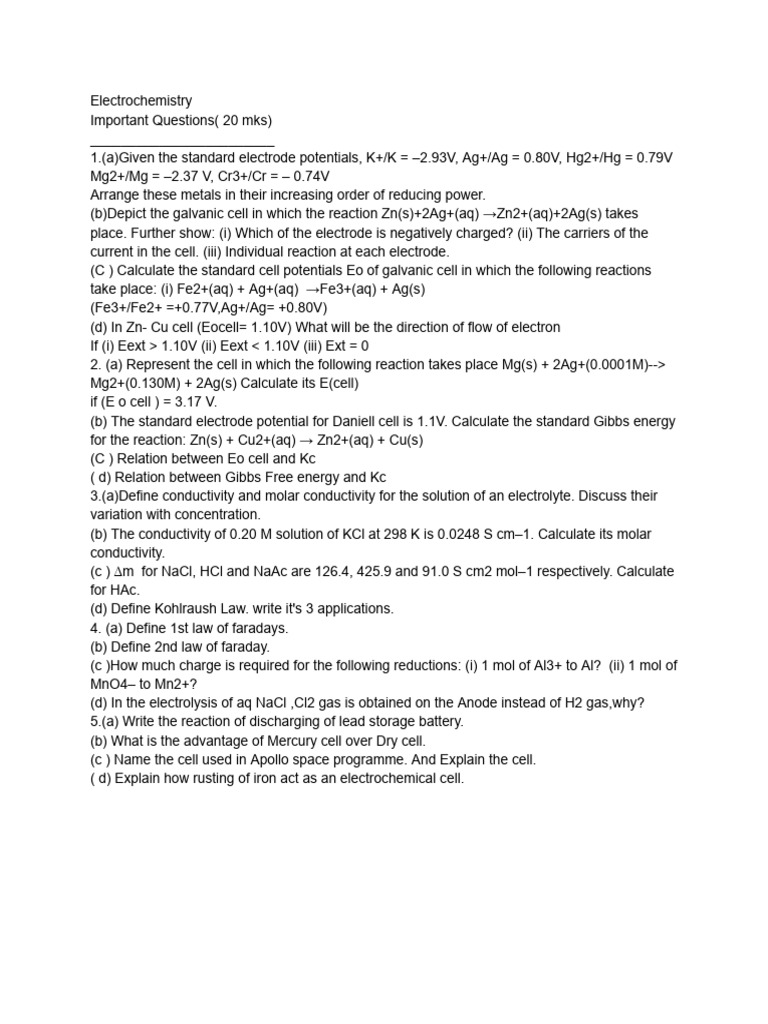 Electrochemistry Important Question | PDF