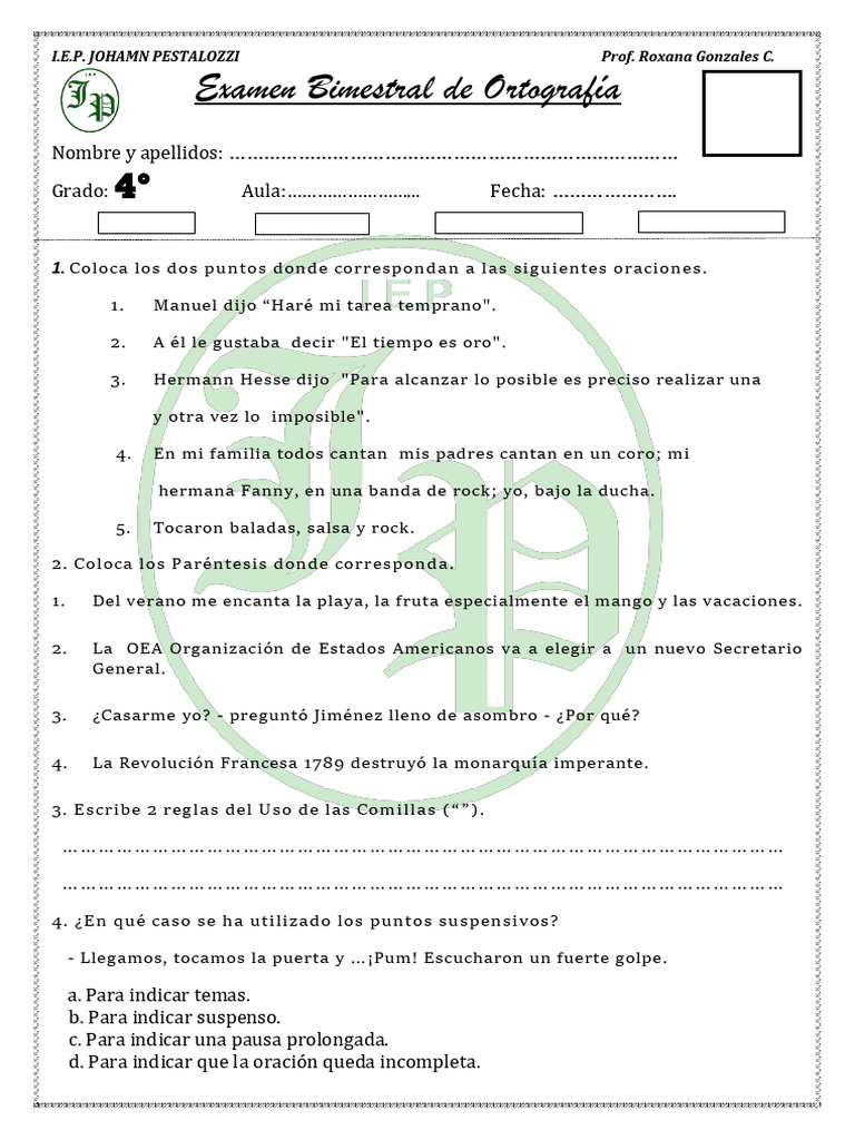 Examen de Ortografía para 4° Grado | PDF