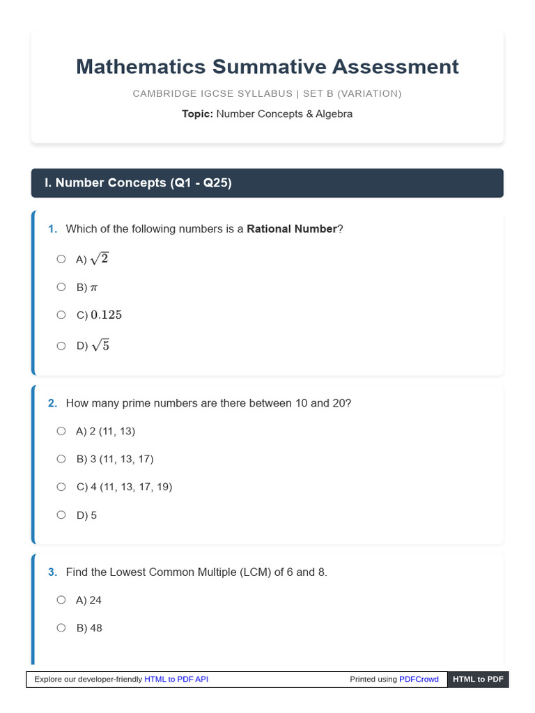 IGCSE Math Assessment: Number & Algebra | PDF | Numbers | Mathematics