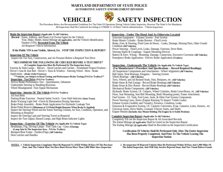 Maryland Vehicle Safety Inspection Chart | PDF | Brake | Steering