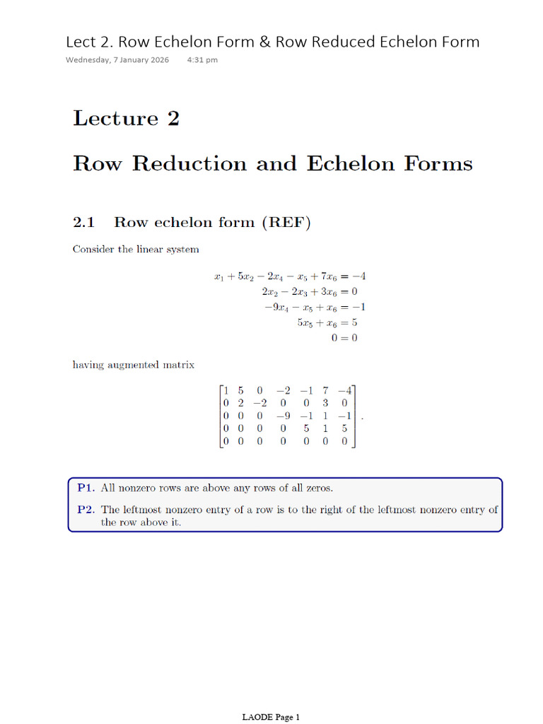 Lect 2. Row Echelon Form & Row Reduced Echelon Form | PDF