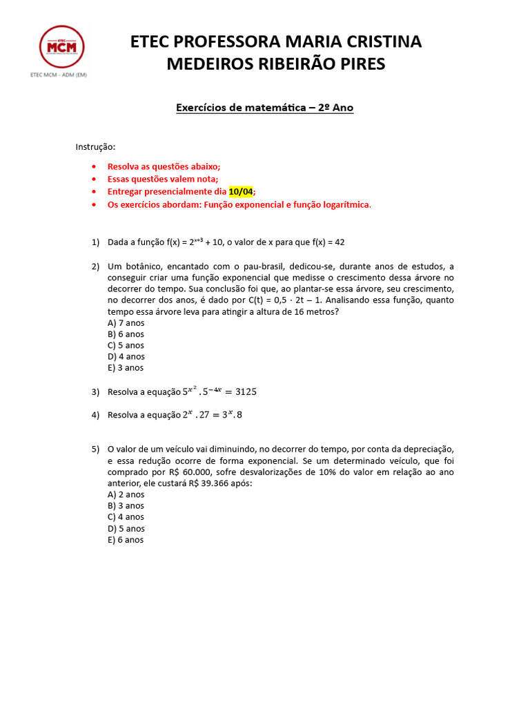 Exercícios de Matemática: Funções Exponenciais e Logarítmicas | PDF