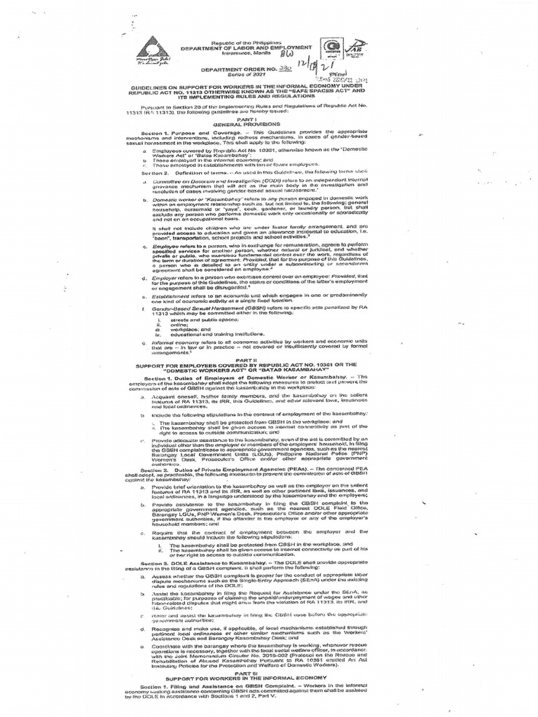 DOLE Department Order No. 230 13 December 2021 | PDF