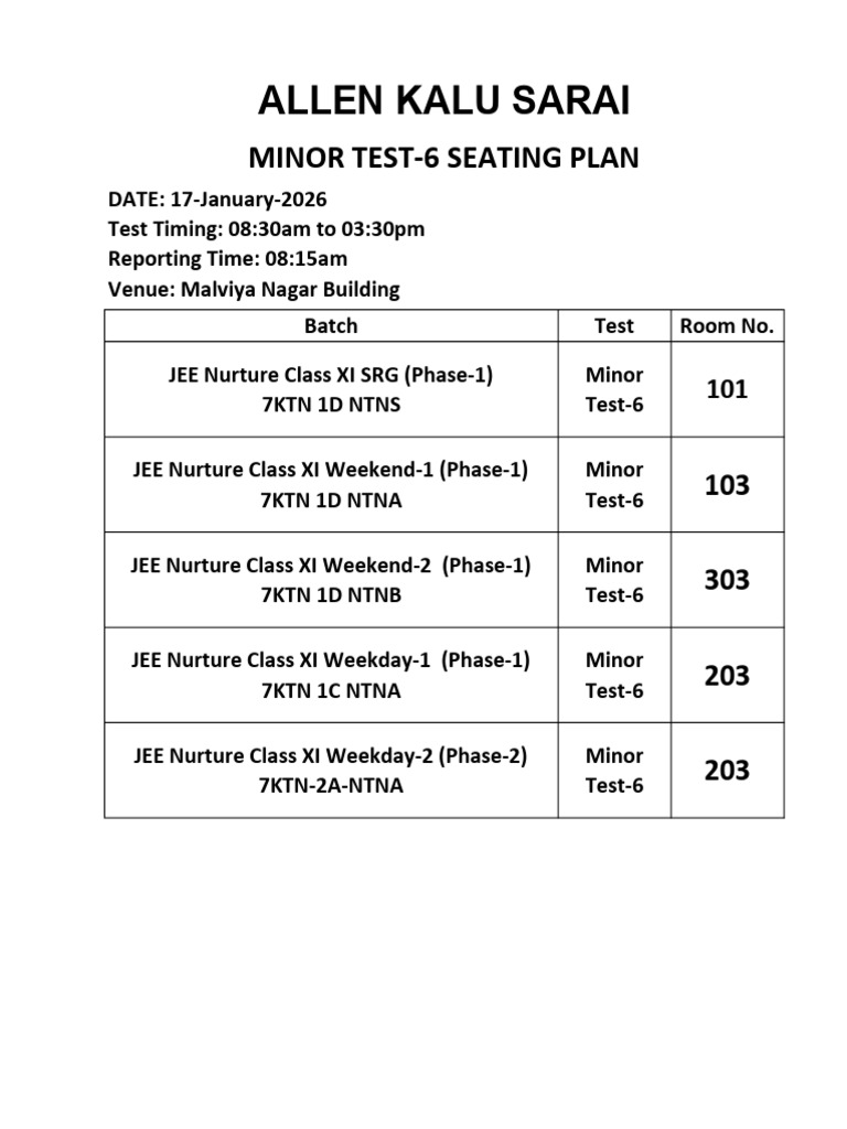 Jee Xi Test Seating Plan 17-Jan-26 | PDF