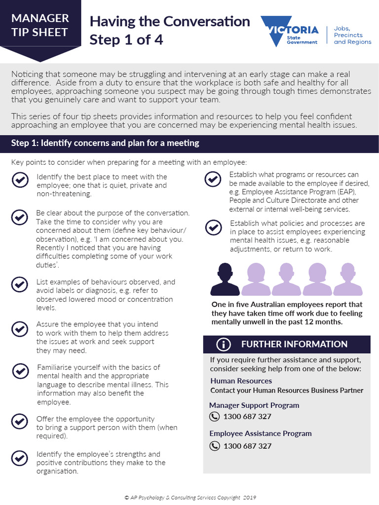 Having the Conversation Tip Sheets - DJPR | PDF | Employment | Mental ...