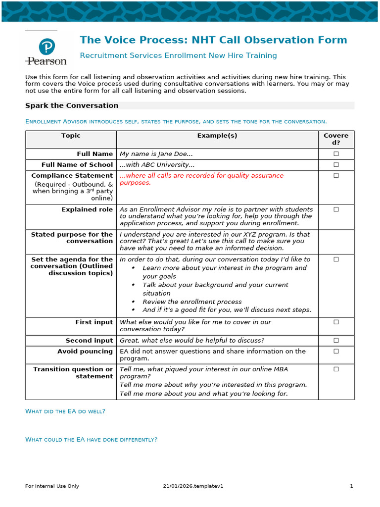 Call Observation Form 021721 | PDF