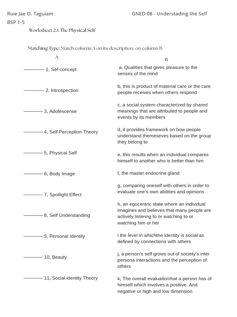 Understanding the Self: Worksheets on Identity | PDF | Love | Beauty