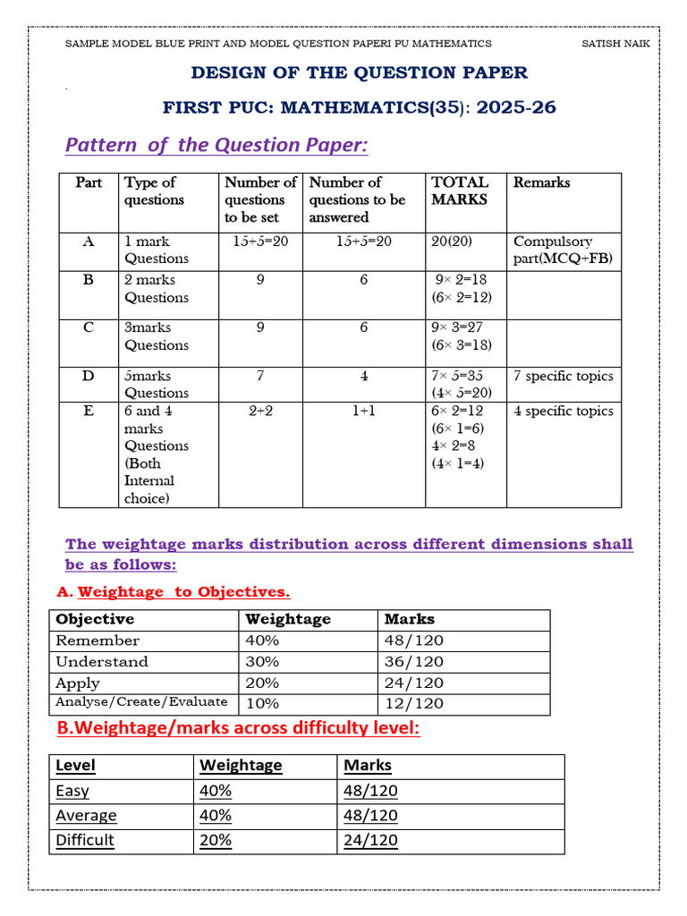 PU Mathematics Model Question Paper 2025 | PDF | Mathematics | Statistics