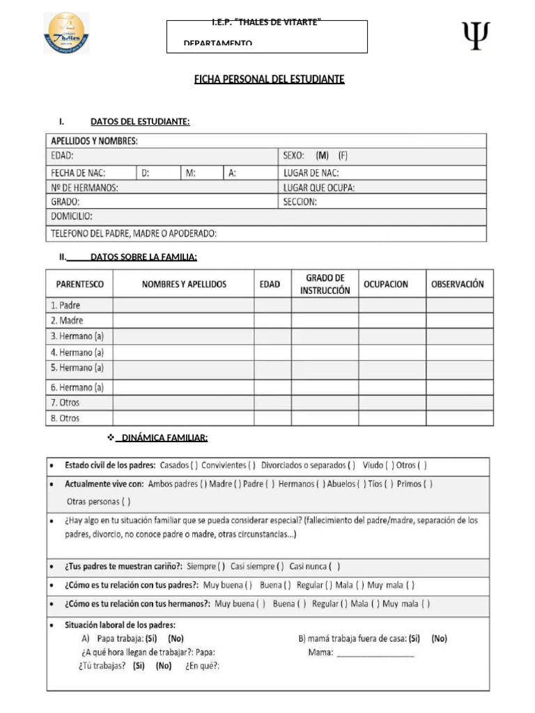 Ficha Personal Del Estudiante | PDF