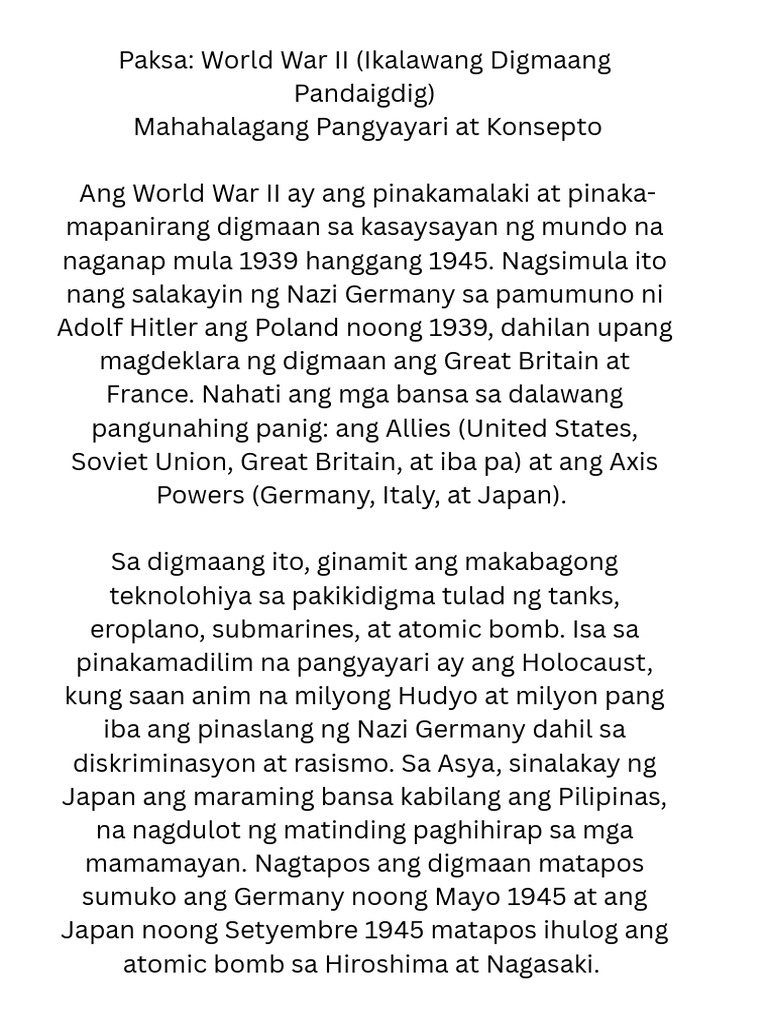 Paksa World War II (Ikalawang Digmaang Pandaigdig) Mahahalagang ...