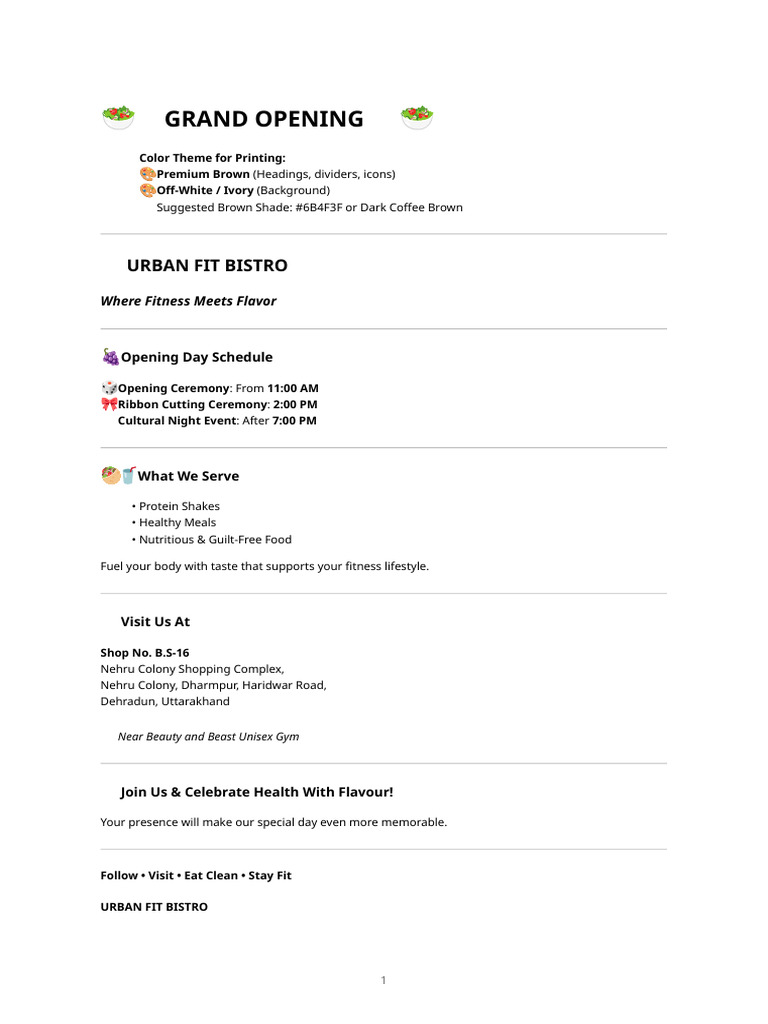 Urban Fit Bistro - Grand Opening Pamphlet | PDF