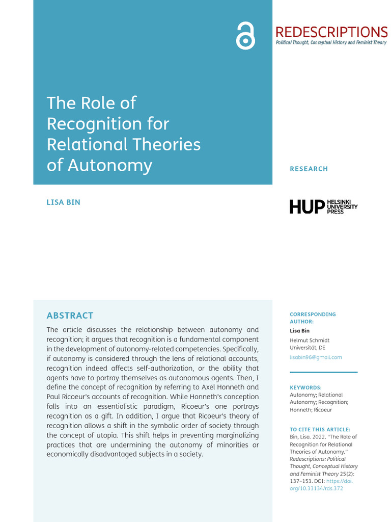 Recognition's Role in Relational Autonomy | PDF | Autonomy | Georg ...