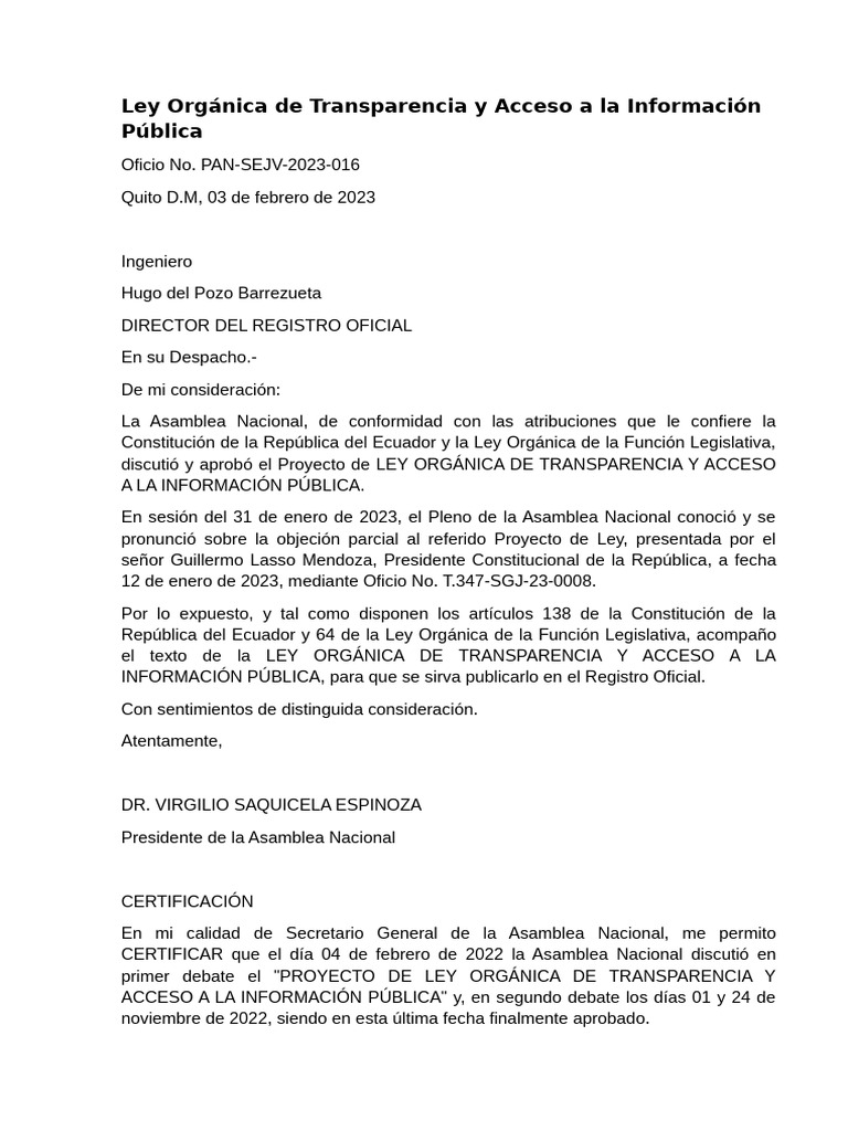 Ley Orgánica de Transparencia y Acceso A La Información Pública LOTAI ...