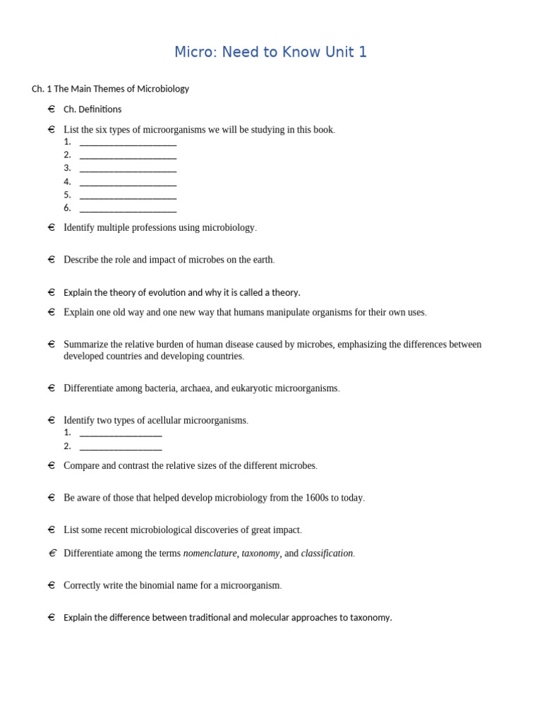 Micro Unit 1 Need To Know List | PDF | Microorganism | Microbiology