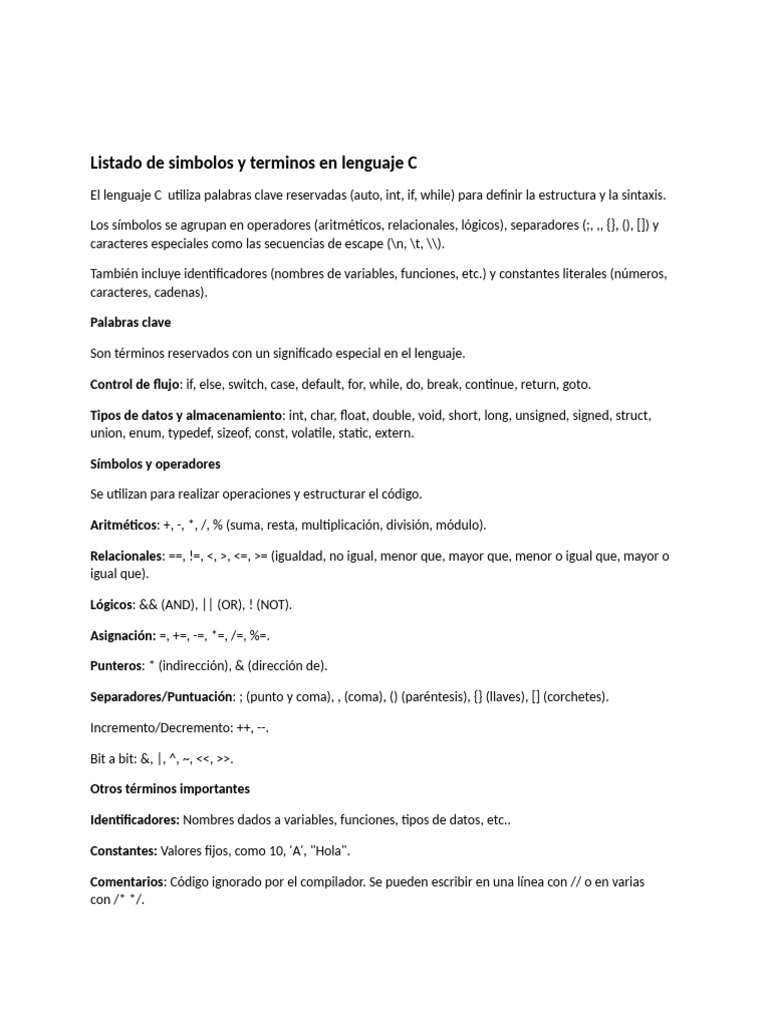 Símbolos y Términos del Lenguaje C | PDF | C (lenguaje de programación ...