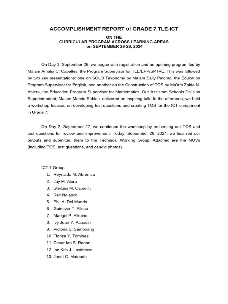 Grade 7 TLE-ICT Accomplishment Report | PDF