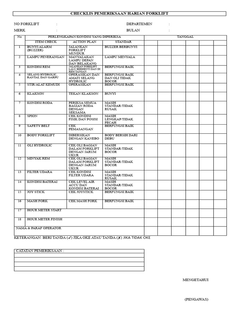 Checklis Pemeriksaan Harian Forklift | PDF