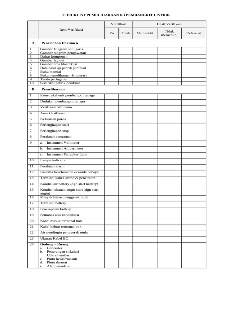 Checklist Pemeliharaan K3 Pembangkit Listrik Oke | PDF