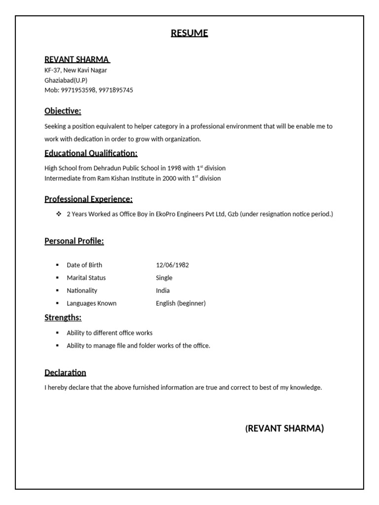 Resume Office Boy | PDF