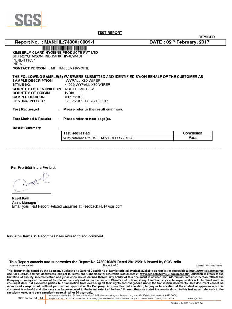 Wypall X80 Food Safe Test Report | PDF